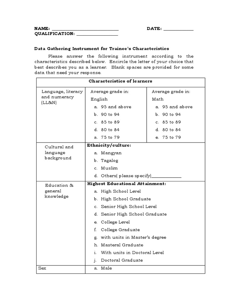 Data Gathering Instrument For Trainee | PDF | Learning Styles | Change