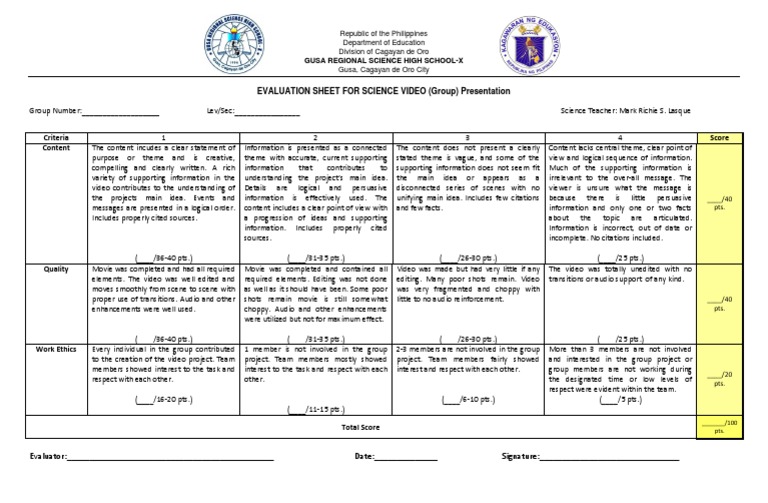 Evaluation Sheet for Science Video Group Presentation | PDF ...