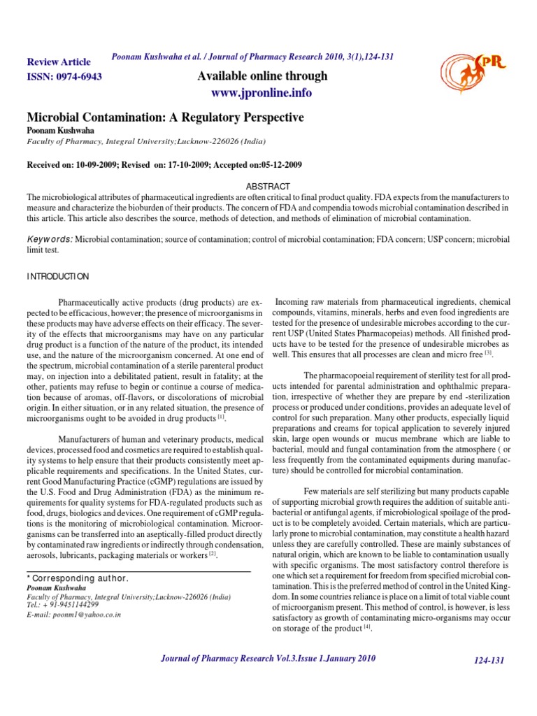 Microbial Contamination in Pharmaceuticals | PDF | Colony Forming Unit ...