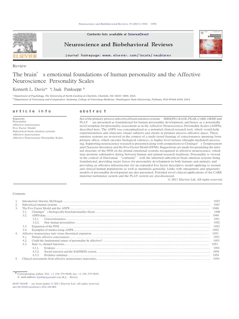 Davis & Panksepp (2011) - ANPS | PDF | Personality Psychology | Affect ...
