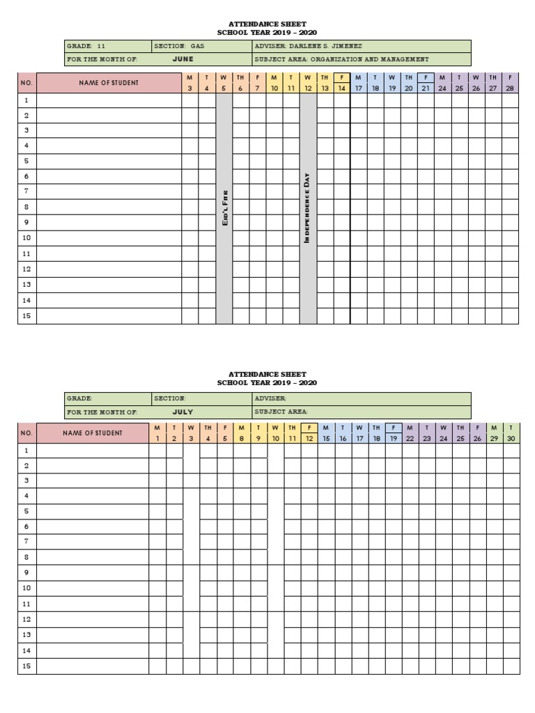 Attendance Sheet SCHOOL YEAR 2019 - 2020 | PDF