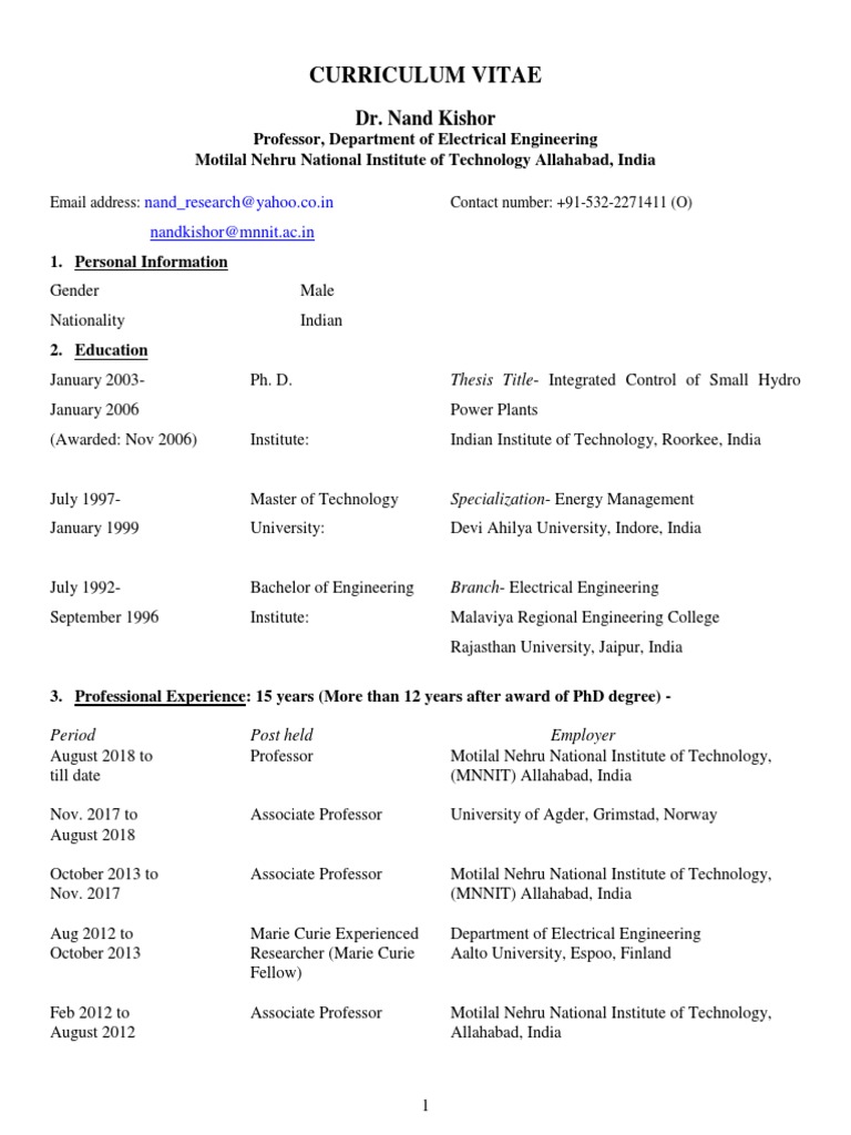 CV Nand Kishor Feb2019 MNNITWebsite PDF | PDF | Electrical Grid | Electric Power System