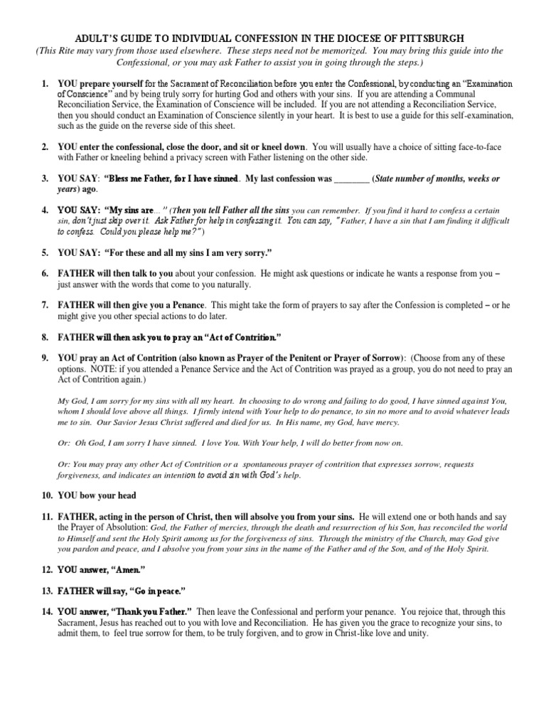 Adult'S Guide To Individual Confession in The Diocese of Pittsburgh ...