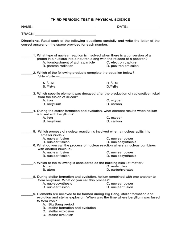 Third Periodic Test in Physical Science | PDF | Nuclear Physics ...