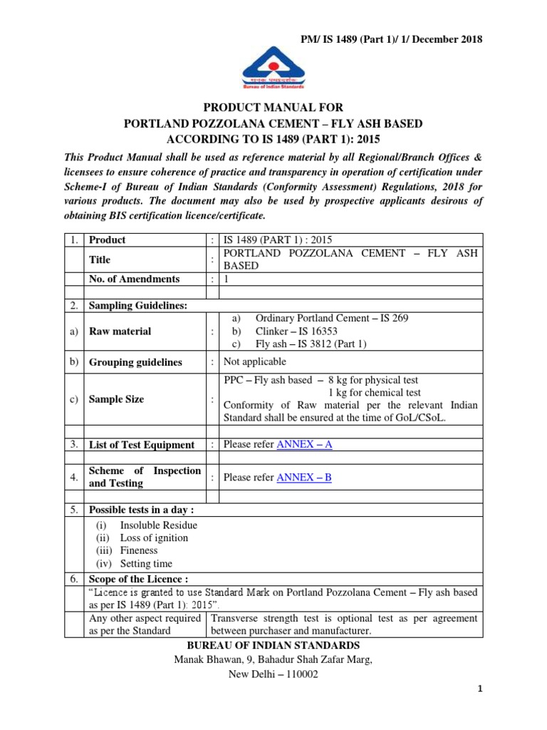 Is 1489 Part 1 Final Product Manual | PDF | Calibration | Fly Ash