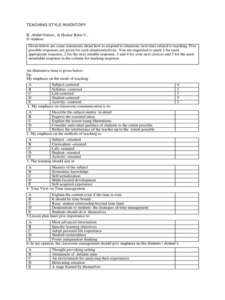 Teaching Style Inventory | PDF | Teachers | Learning