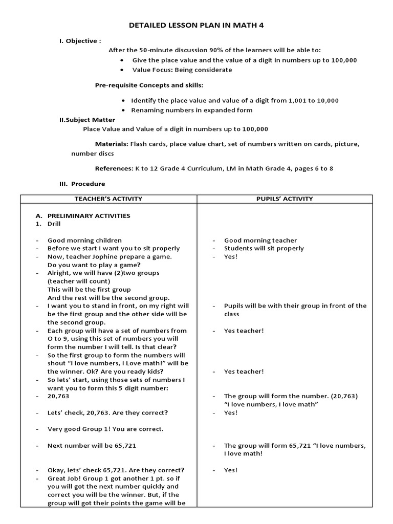 Detailed Lesson Plan in Math 4 | Download Free PDF | Lesson Plan ...
