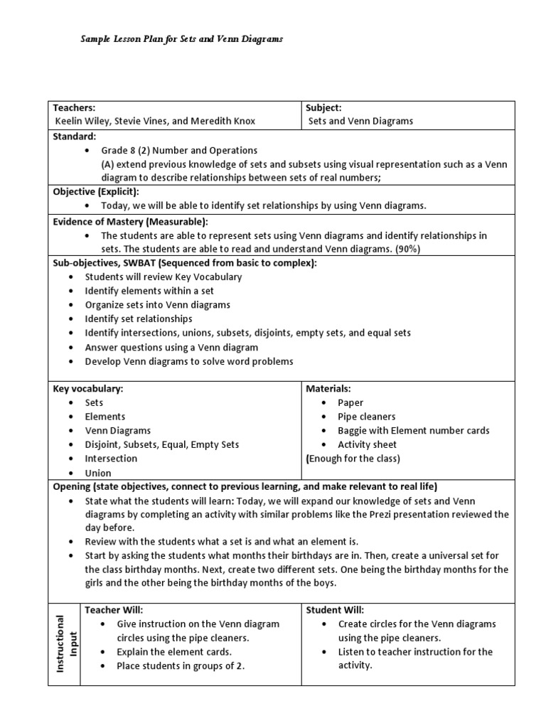 Venn Diagram Lesson Plan for Grade 8 | PDF | Lesson Plan | Vocabulary