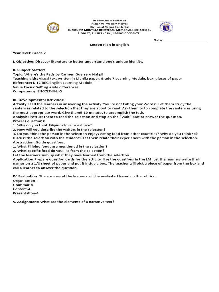 Grade 7 English Lesson Plan | PDF