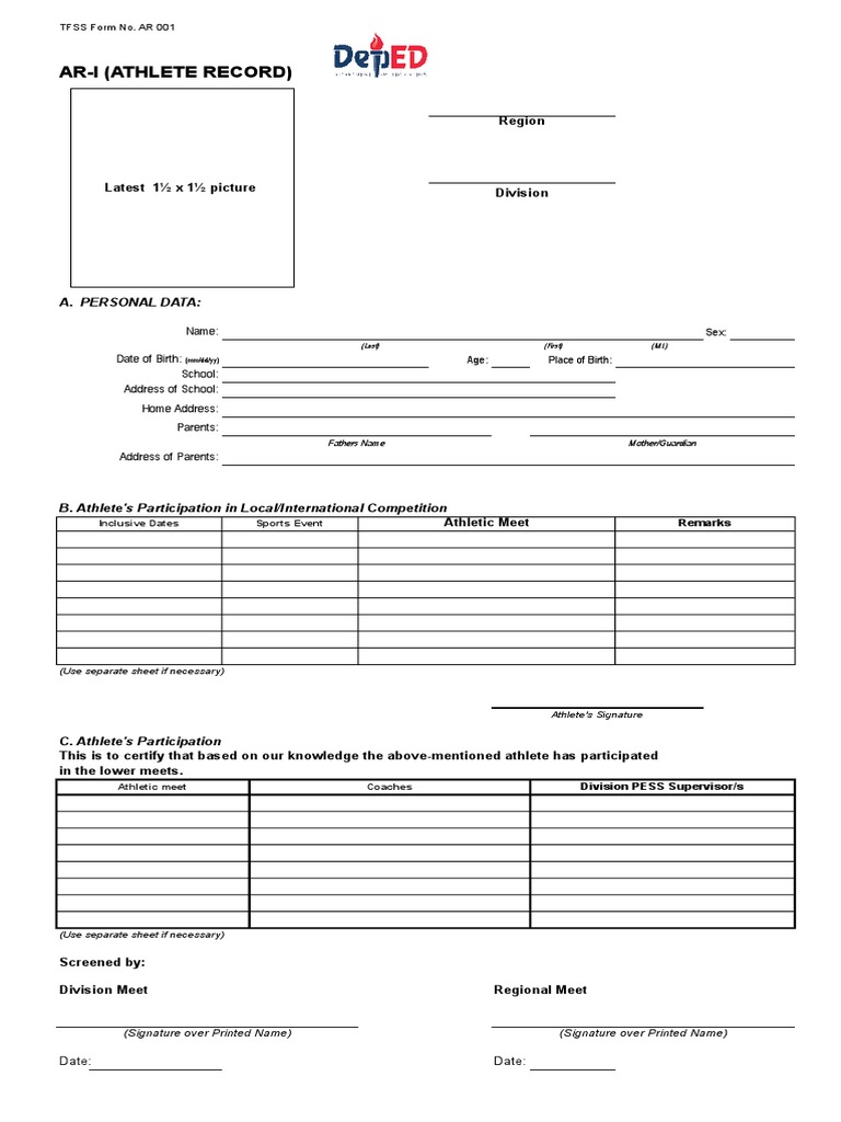 Athlete Record Form AR-I | PDF