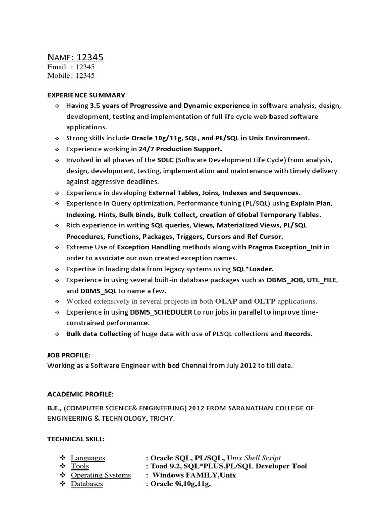 Worked Extensively In Several Projects In Both Olap And Oltp Applications Pdf Pl Sql