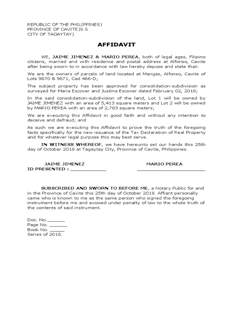 Affidavit of Land Ownership in Cavite | PDF