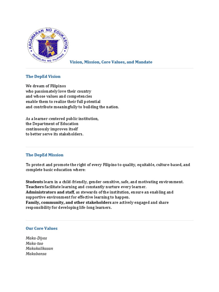 DEPED VMGO | Educational Assessment | Kindergarten