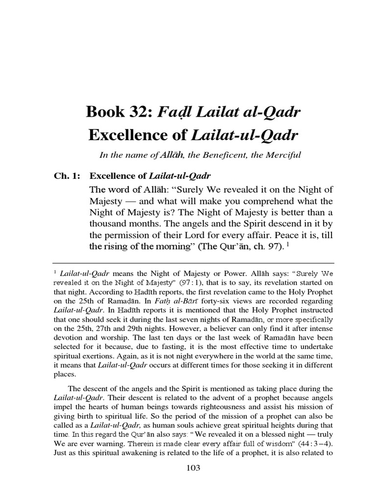 Book 32: Fa L Lailat Al-Qadr Excellence of Lailat-ul-Qadr: in The Name ...