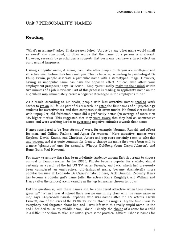 Unit 7 Personality: Names: Reading | PDF | Verb | Phrase
