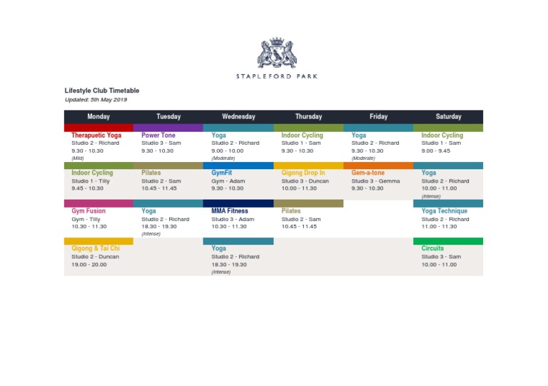 Lifestyle Club Timetable: Updated: 5th May 2019 | PDF