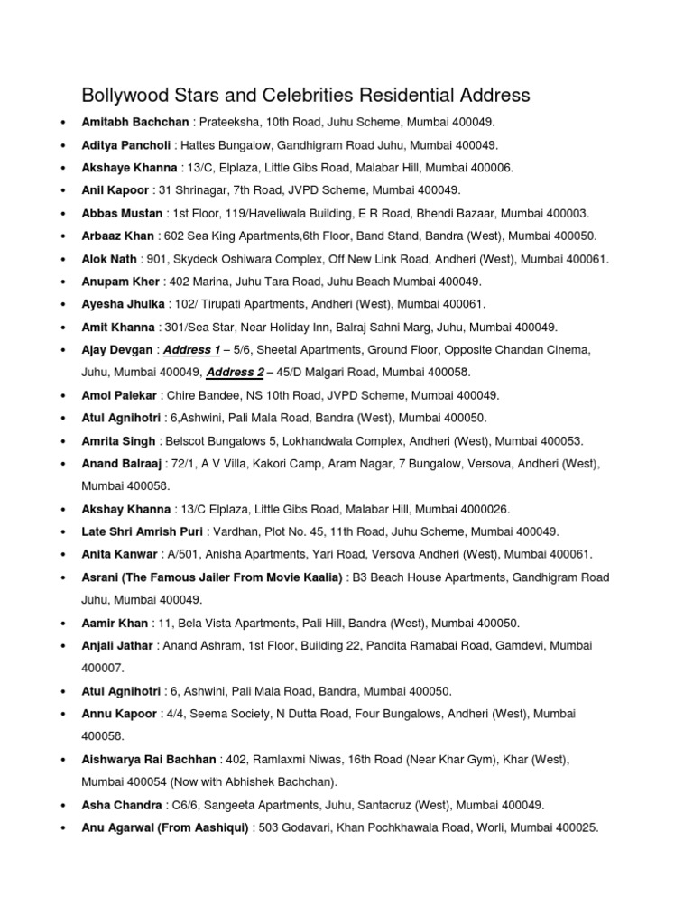 Bollywood Celebrities Residential Address | PDF | Bollywood | Cinema Of ...