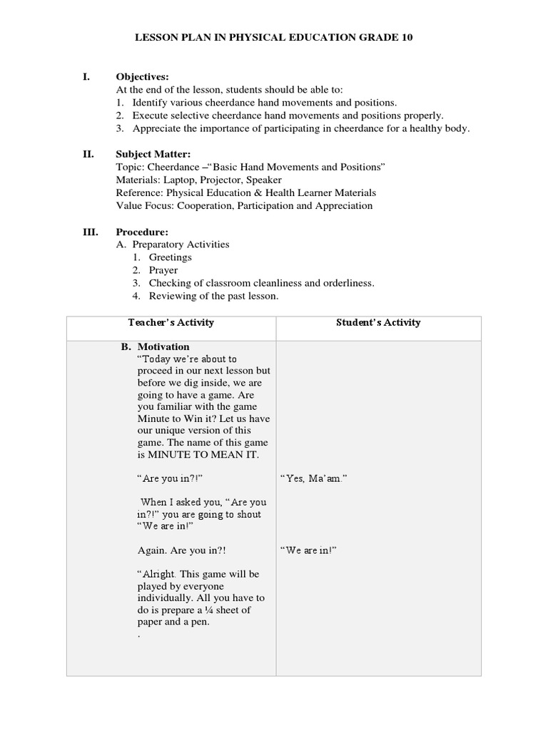 LESSON PLAN Cheerdance - Basic Hand Movements and Positions | PDF ...