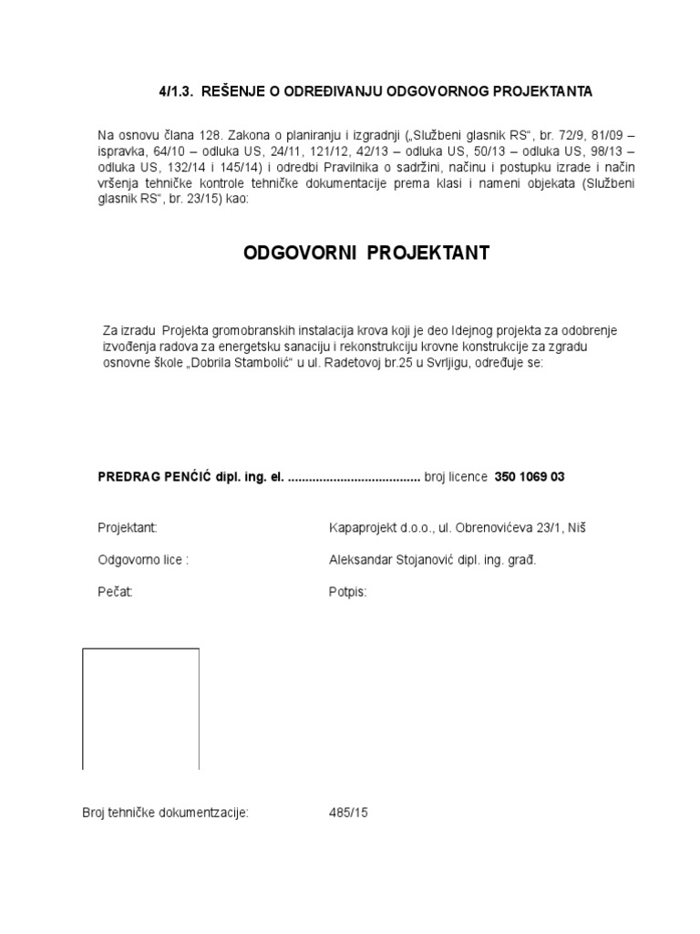 4-3 Resenje o Odredjivanju Odgovornog Projektanta | PDF