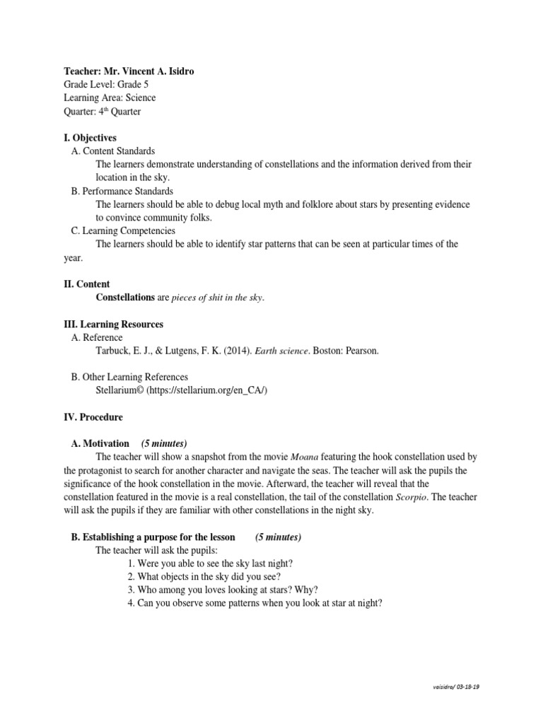 DepEd Demo Lesson Plan | PDF | Constellation | Night Sky