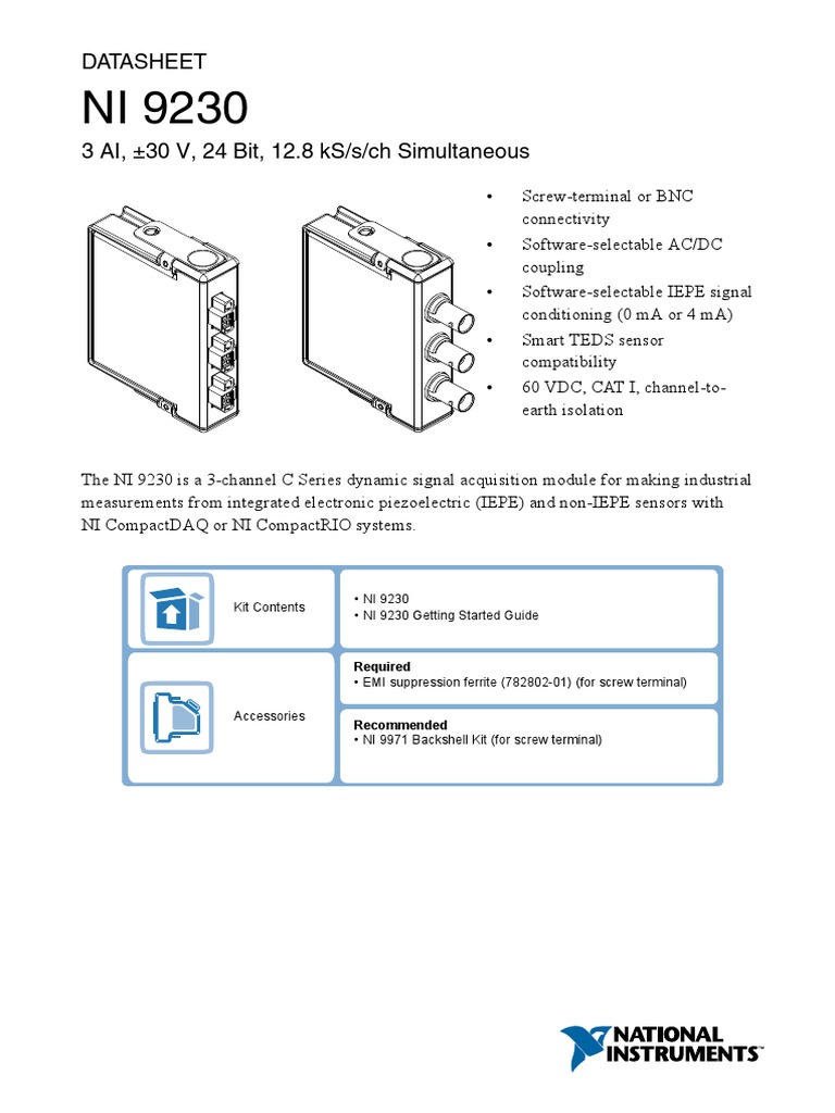 Datasheet: - NI 9230 - NI 9230 Getting Started Guide Kit Contents | PDF ...