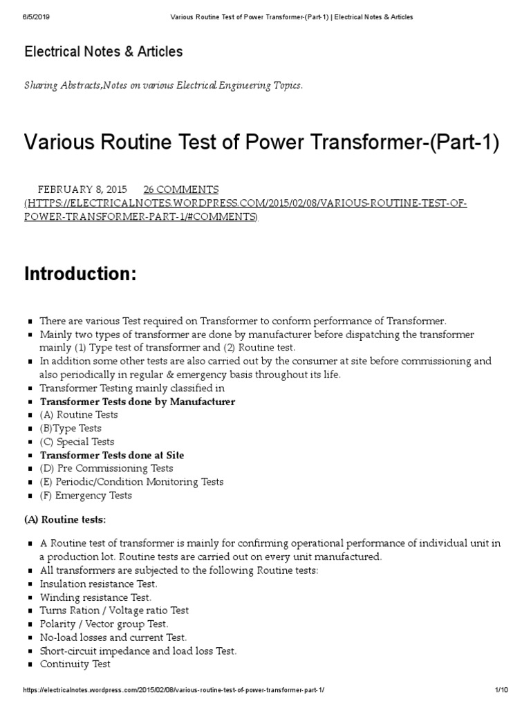 Routine Tests for Power Transformers | PDF | Transformer | Electrical ...