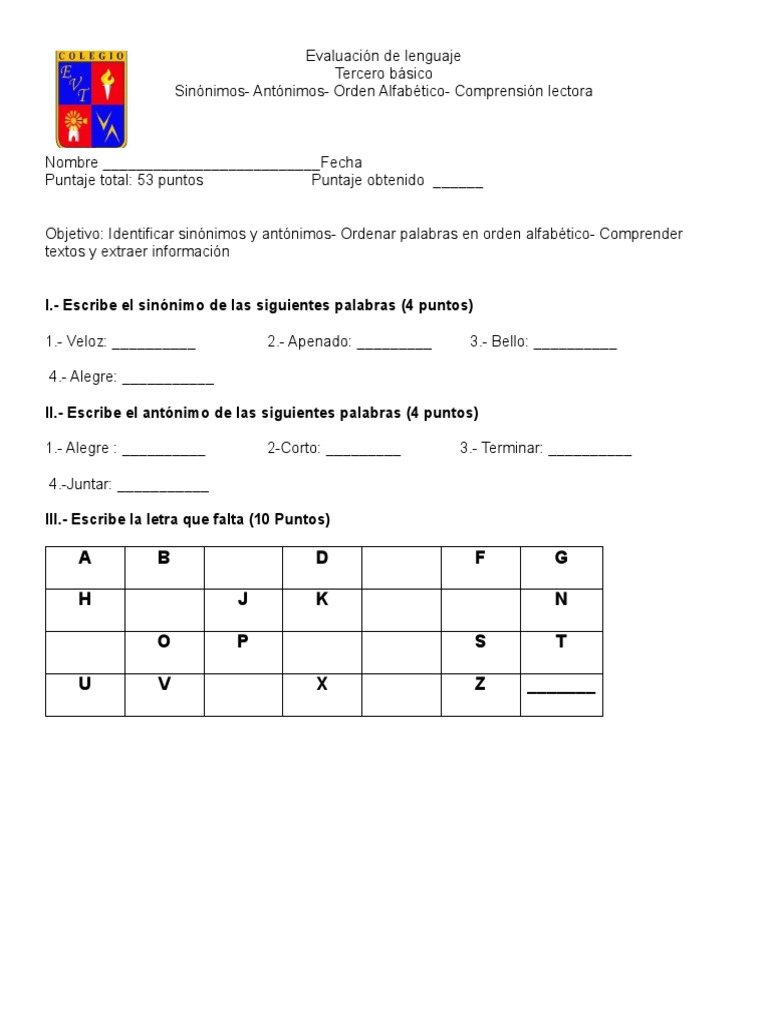Prueba Sinonimos Antonimos Orden Alfabetico Comprension | PDF