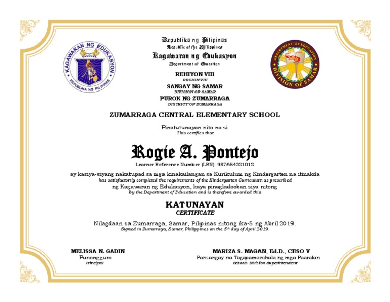 Kindergarten completion certificate for Rogie A. Pontejo | PDF | Learning