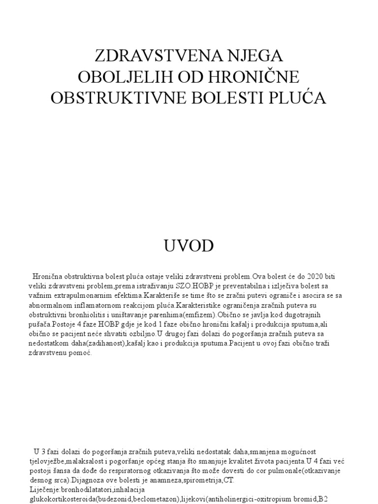 Zdravstvena Njega Oboljelih Od Hronične Obstruktivne Bolesti Pluća | PDF