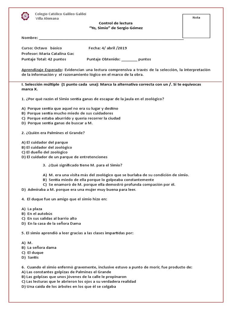 Control de Lectura. Yo, Simio. | PDF | Galileo Galilei