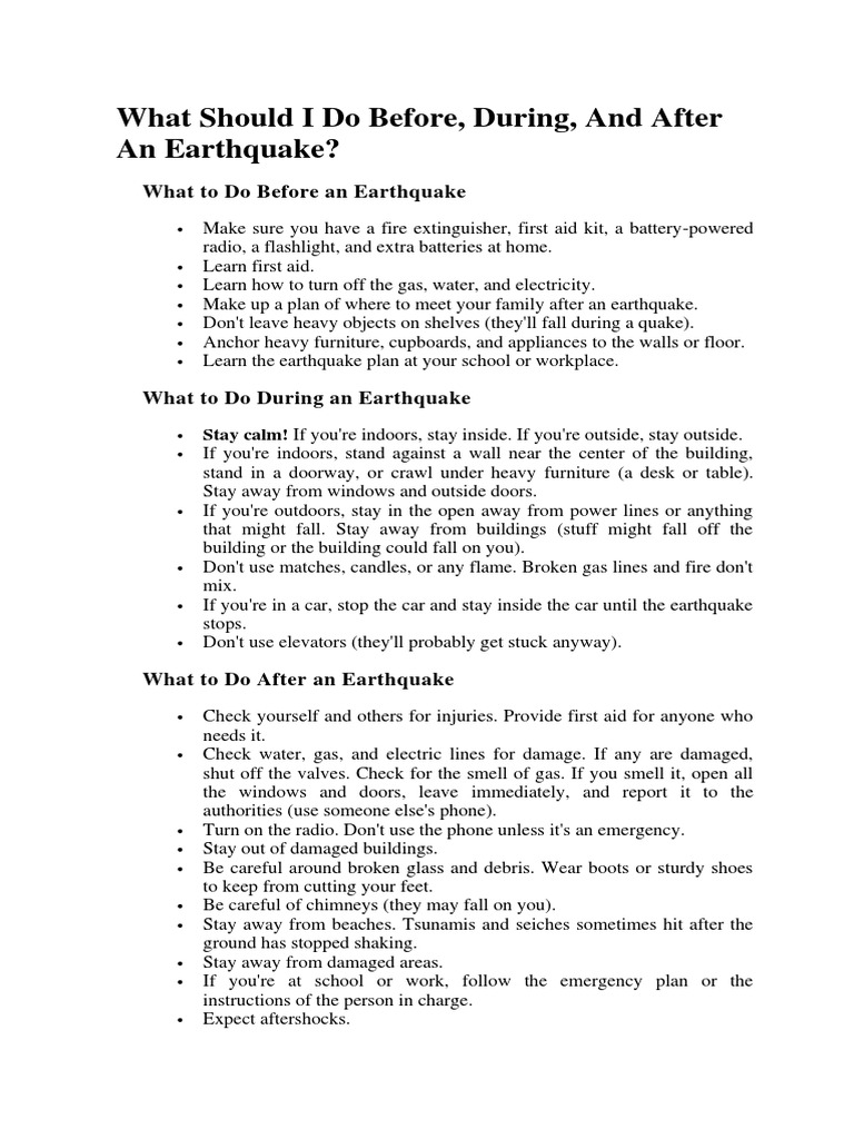 What Should I Do Before, During, and After An Earthquake? | PDF
