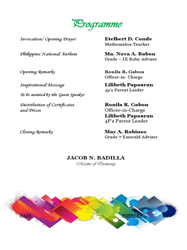 Programme: Invocation/ Opening Prayer Philippine National Anthem | PDF