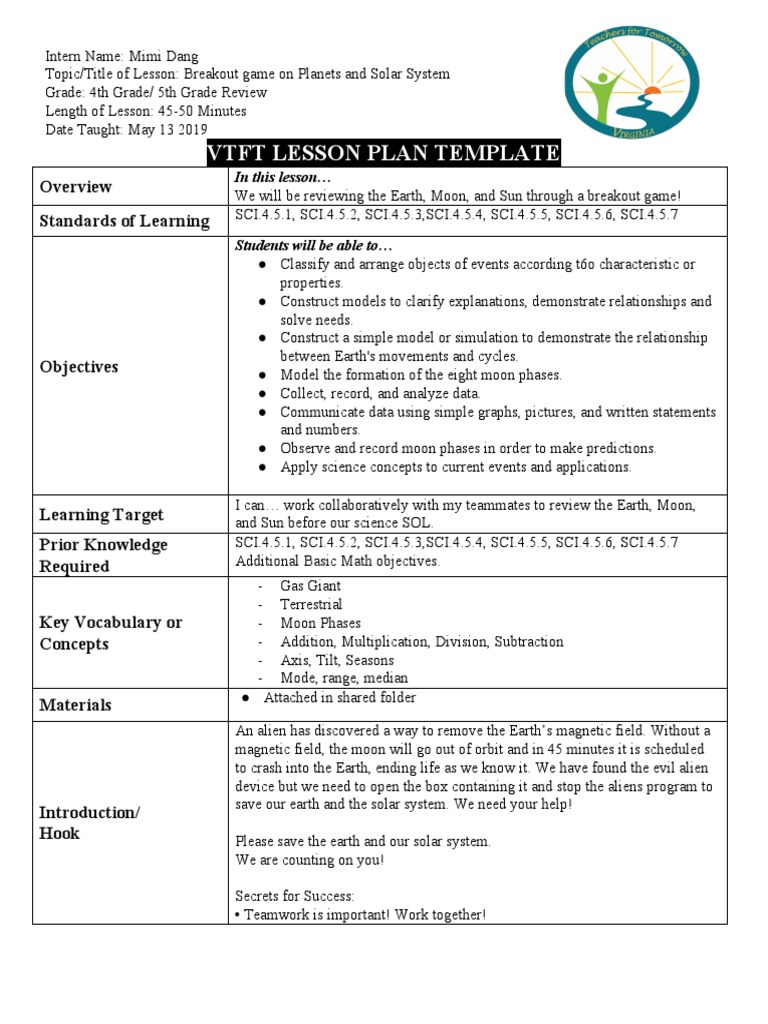 VTFT I Lesson Plan Template Reflection | PDF | Lesson Plan | Moon