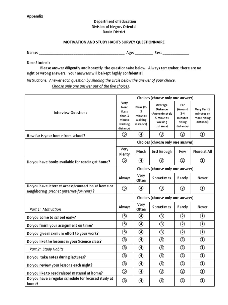 Appendix: Instructions. Answer Each Question by Shading The Circle ...