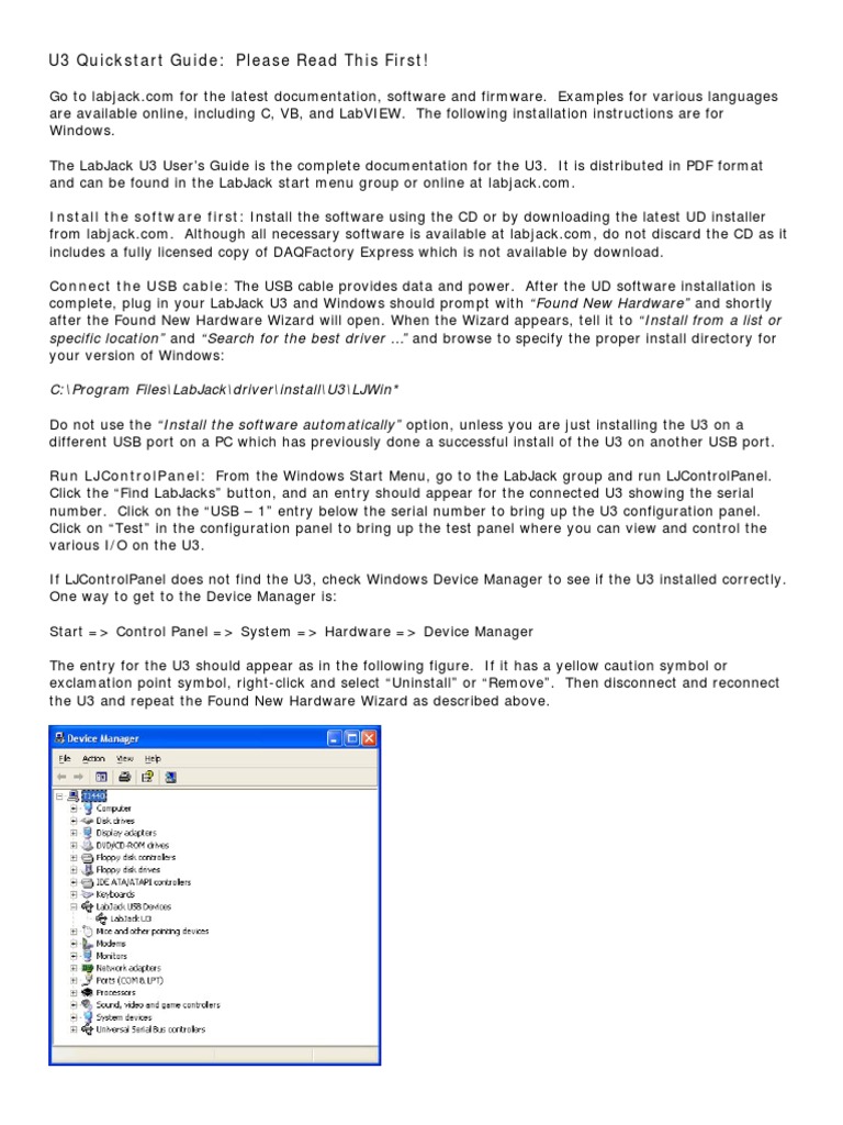 LabJack U3 Quickstart Guide | PDF | Microsoft Windows | Usb