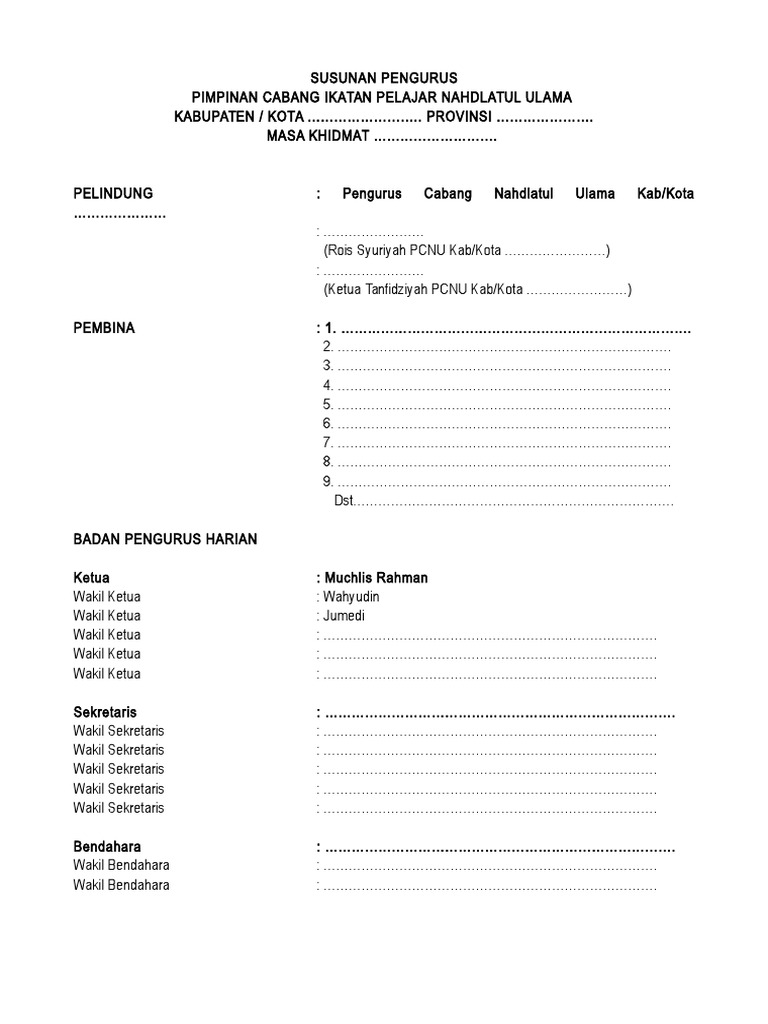 B Form Susunan Pengurus PC IPNU | PDF