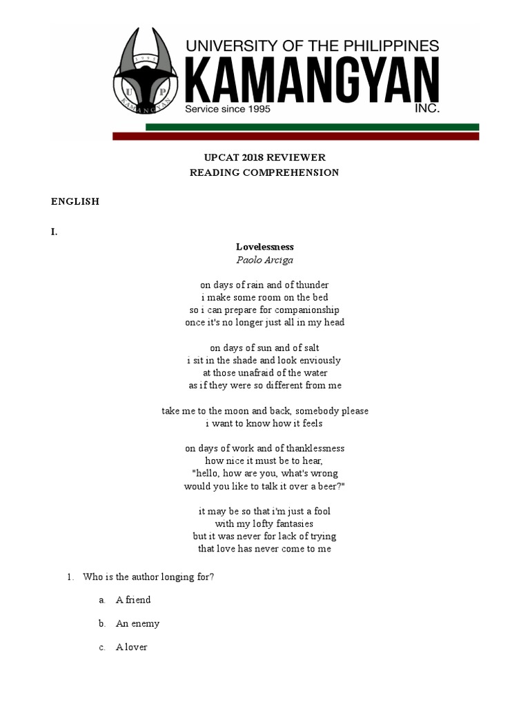 Upcat 2018 Reviewer Reading Comprehension English I. Lovelessness | PDF ...