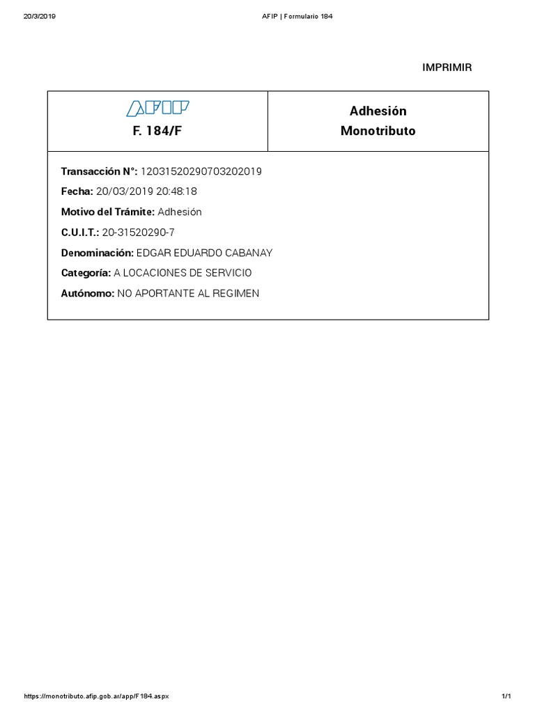 Formulario 184 de AFIP: Adhesión Monotributo | PDF