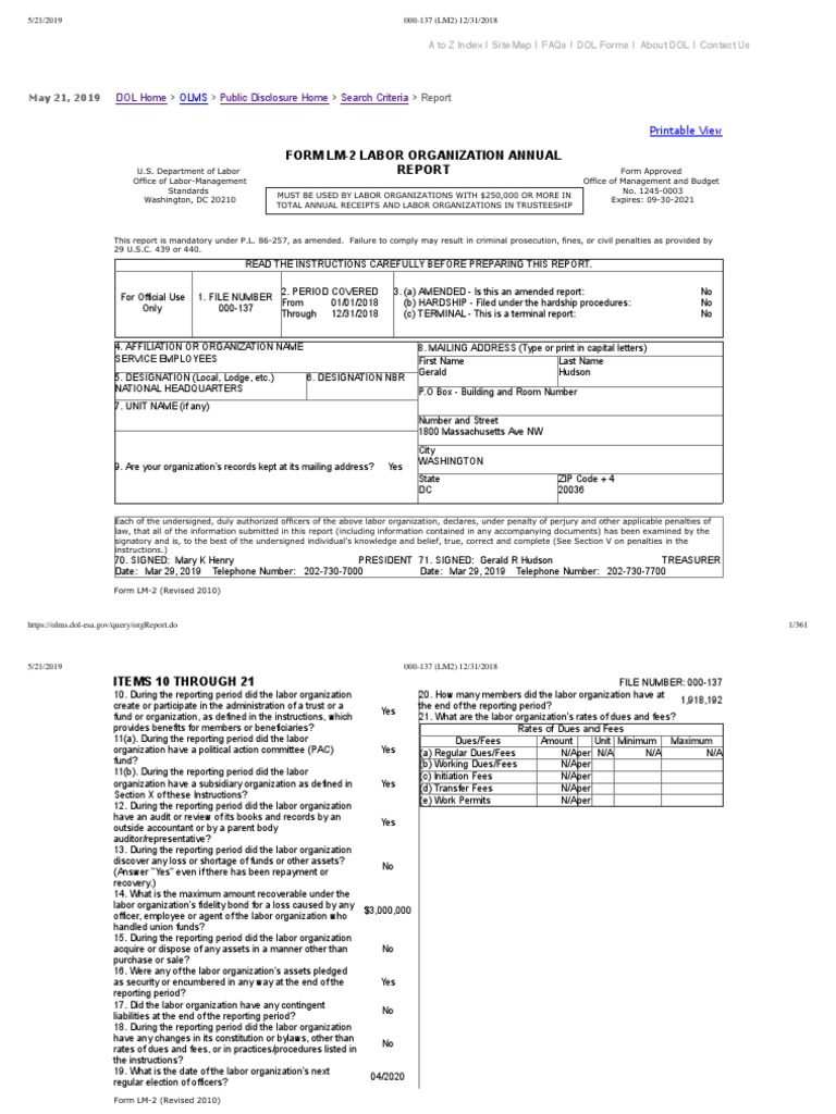 SEIU Int'l LMs 2018 | PDF | Book Value | Loans