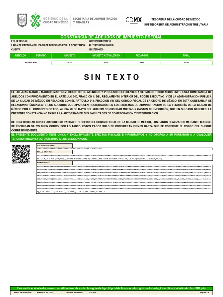 Sin Texto: Constancia de Adeudos de Impuesto Predial | PDF | Cheque | Impuestos