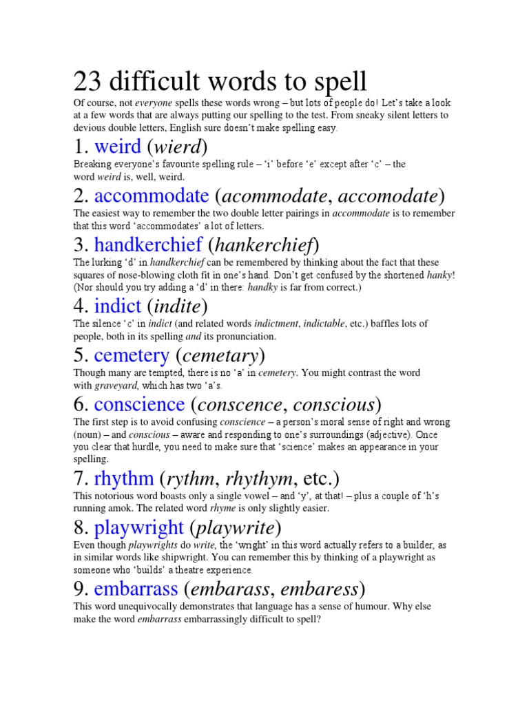 23 Difficult Words To Spell | PDF | Grammatical Tense | Verb