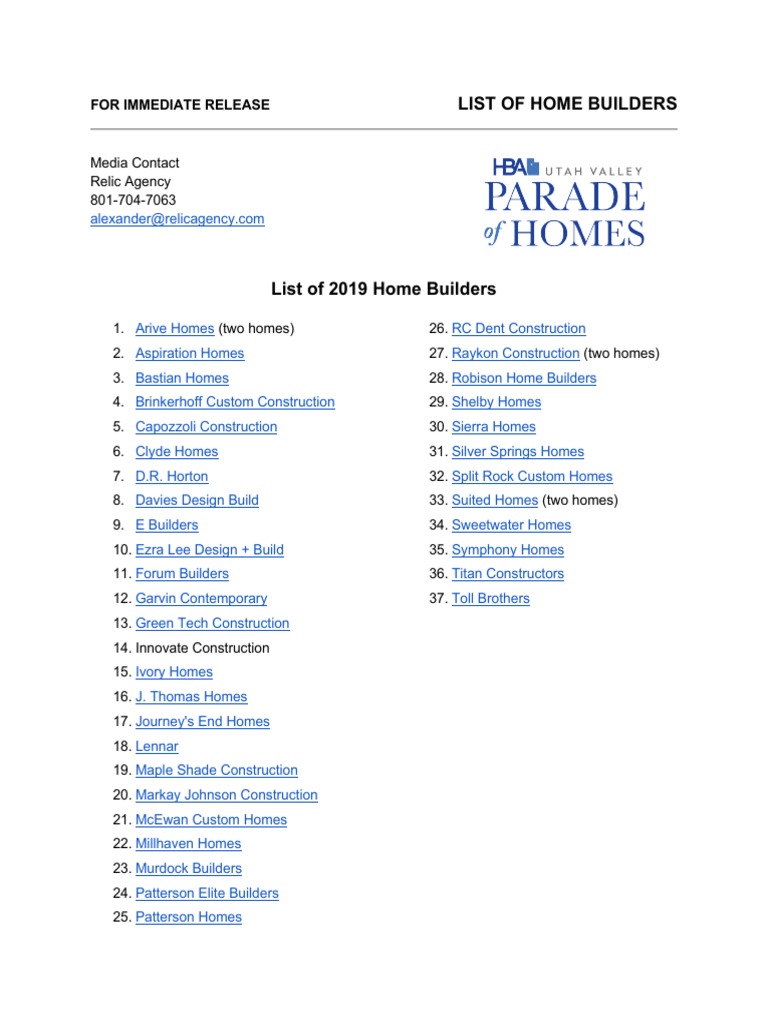 2019 Home Builders List | PDF