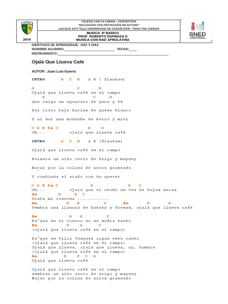 Guia Cancion Ojala Que Llueva Cafe 8º Basico. | PDF | Coro | Las artes ...