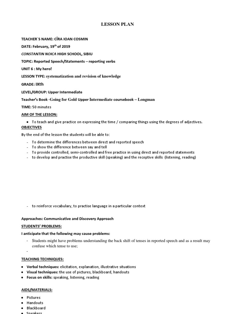 Plan de Lectie Clasa A 9a | PDF | Homework | Linguistics