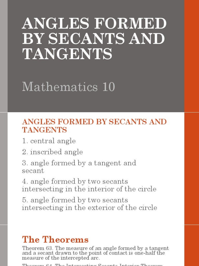 Angles Formed by Secants and Tangents: Mathematics 10 | PDF
