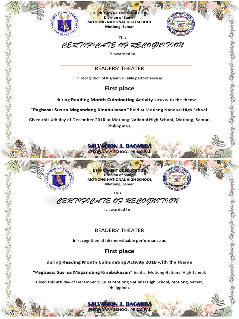 Certificates of Recognition for Outstanding Performances at the Motiong ...