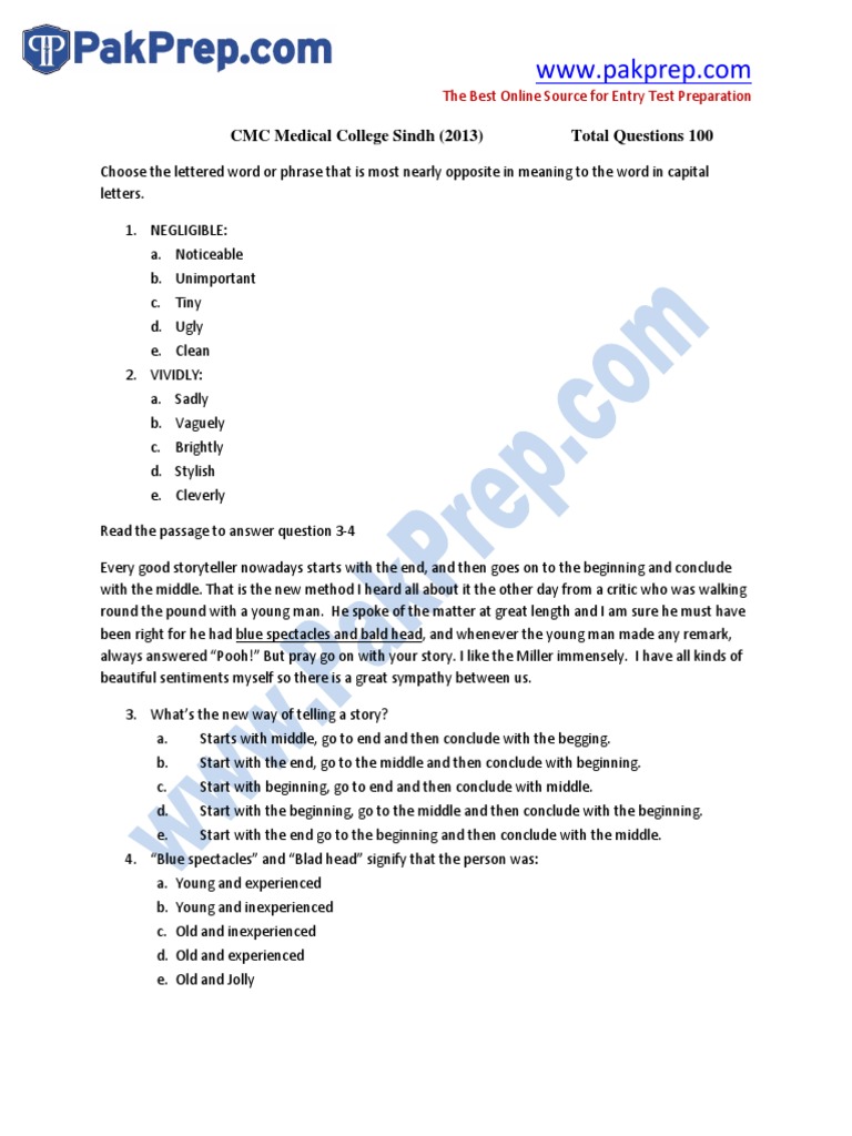 CMC Medical College Sindh (2013) Total Questions 100 | PDF | Chemical ...