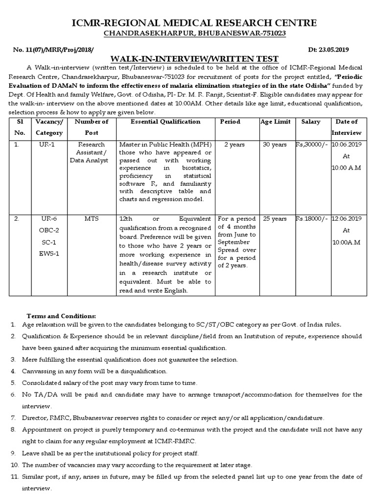 Icmr-Regional Medical Research Centre: Walk-In-Interview/Written Test ...