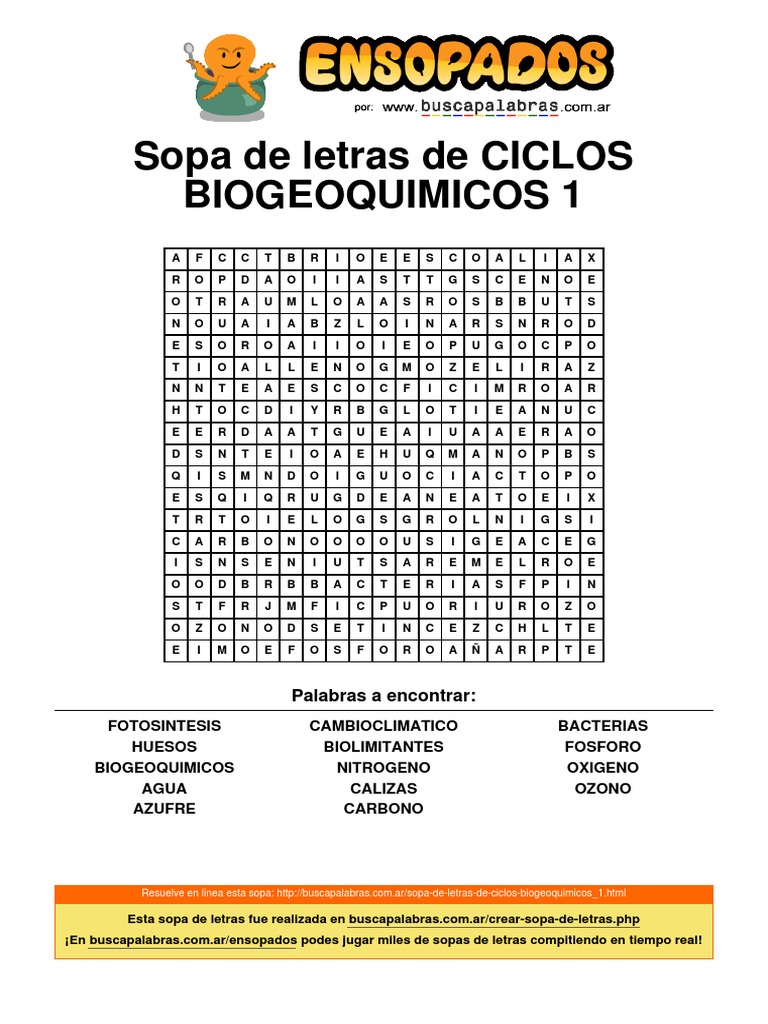 Sopa de Letras de Ciclos Biogeoquimicos - 1 | Bioquímica | Biología