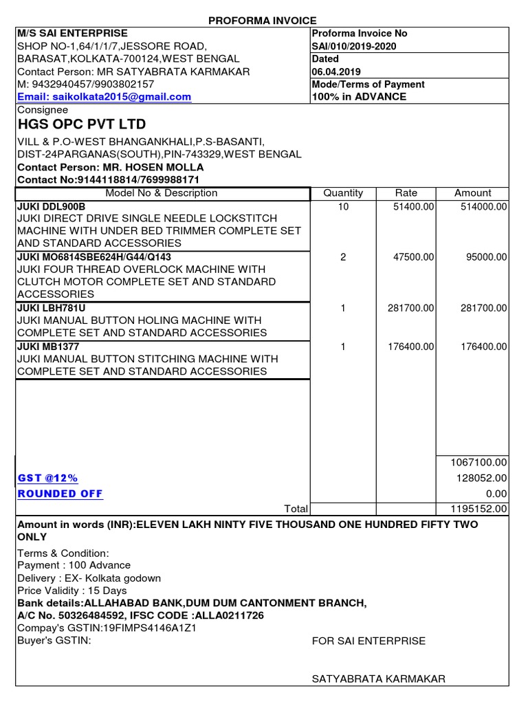 Hgs Opc PVT LTD: Proforma Invoice No SAI/010/2019-2020 Dated 06.04.2019 ...